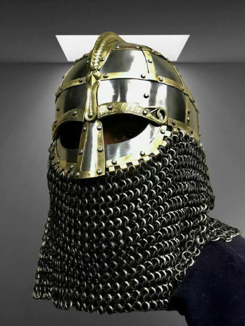 Medieval Viking, Helmet,vendel Era Hamlet, Knight Helmet With Chain ...