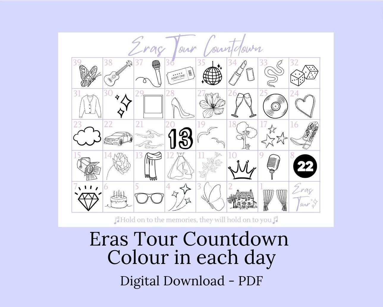 Taylor Swift Eras Tour Colouring Countdown - Etsy