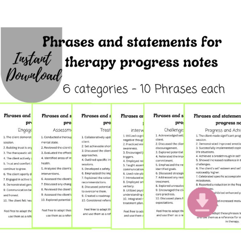 Therapy Progress Notes, Clinical Words & Phrases, Therapy Verbiage ...