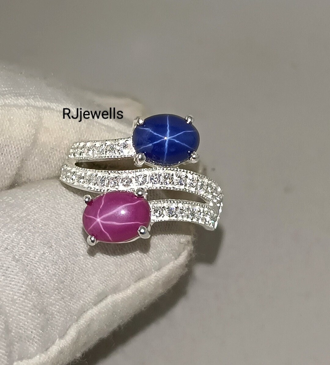 Sterling Silver Pink & Blue Star Sapphire Ring With CZ Diamonds - Etsy