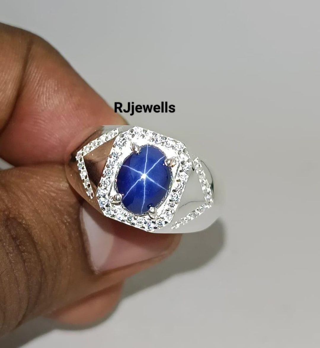 Men's Star Sapphire Ring, 925sterling Silver Ring, Oval Cabochon Lindy ...