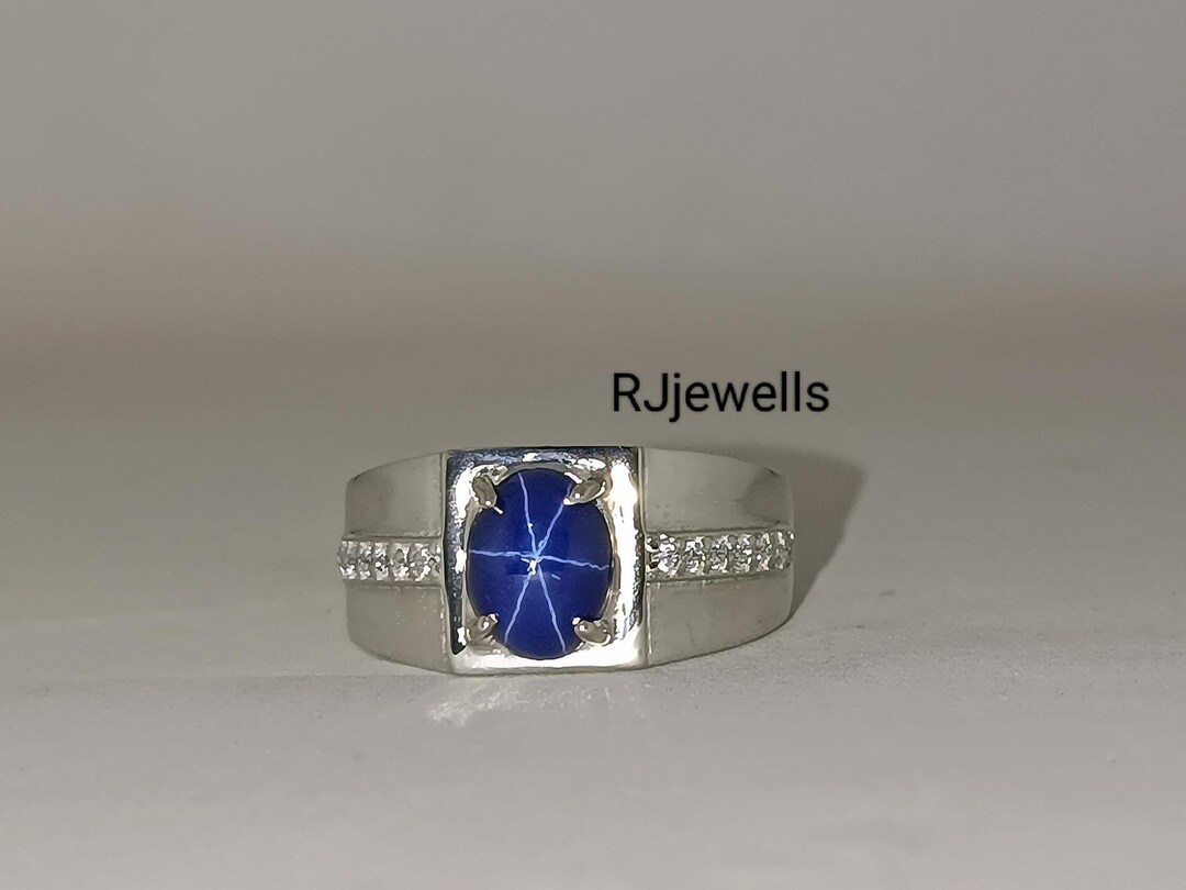 Men's Star Sapphire Silver Ring, Men's Signet Ring, Men's Silver Blue ...