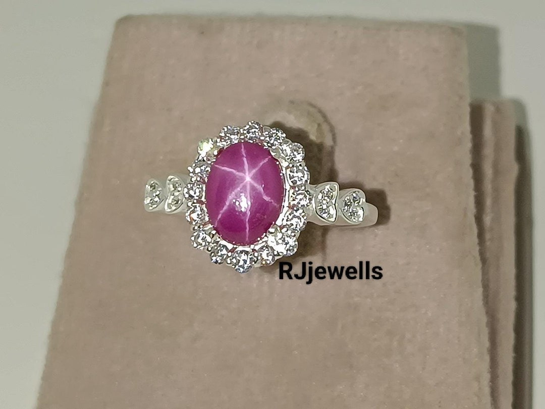 CZ Cluster Halo Pink Star Sapphire Ring, Pink Gemstone Ring, 6 Rays ...