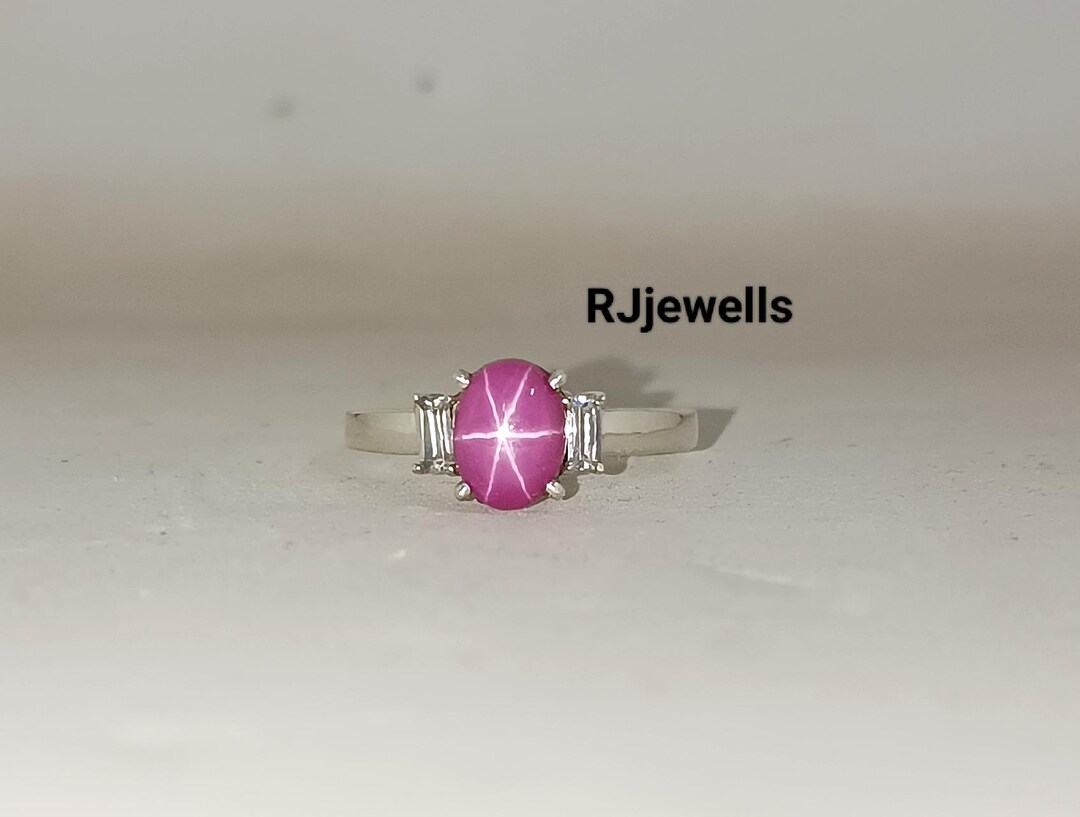 Pink Lindy Star Silver Ring for Wife, CZ Baguette Pink Star Ring, 14K ...