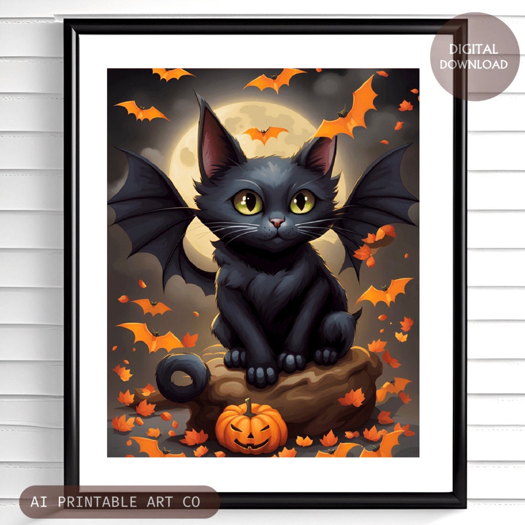 Halloween Black Cat Printable Wall Art, Halloween Kitten Print, Black ...