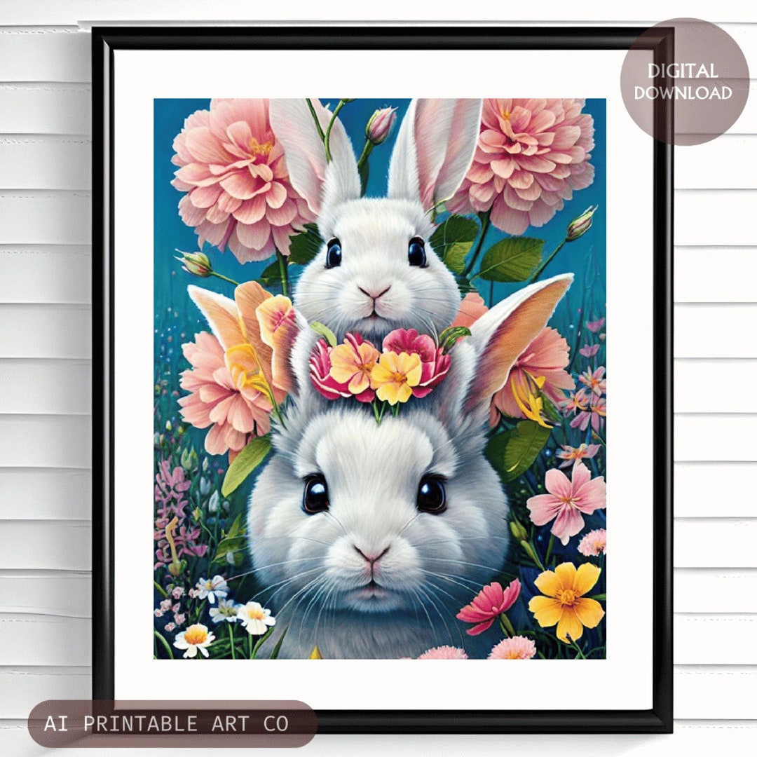 Cute Rabbits Printable Wall Art Instant Download, White Rabbits ...