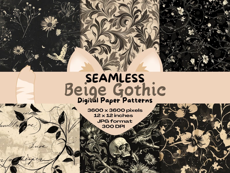 Beige Dark Gothic Poetry Aesthetic Digital Seamless Paper Pattern Pack ...