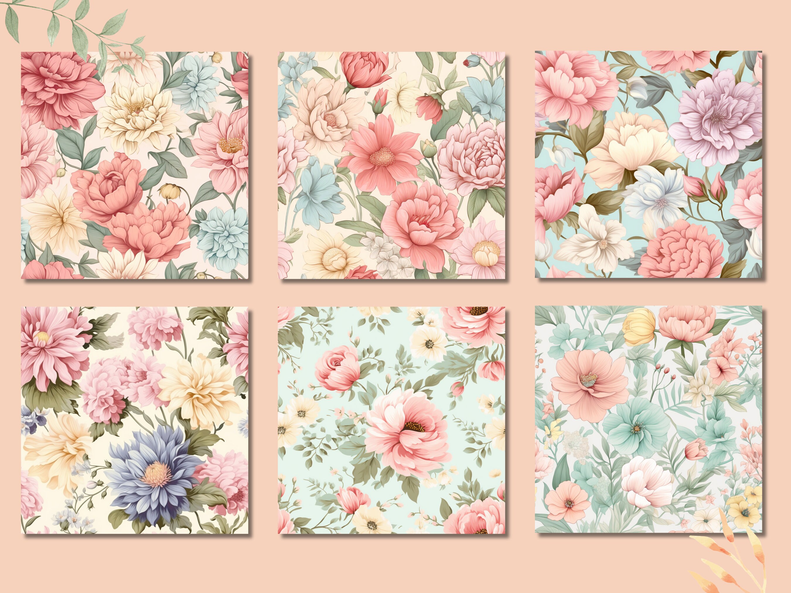 Soft Pastel Vintage Floral Flowers Digital Seamless Paper Pattern Pack ...