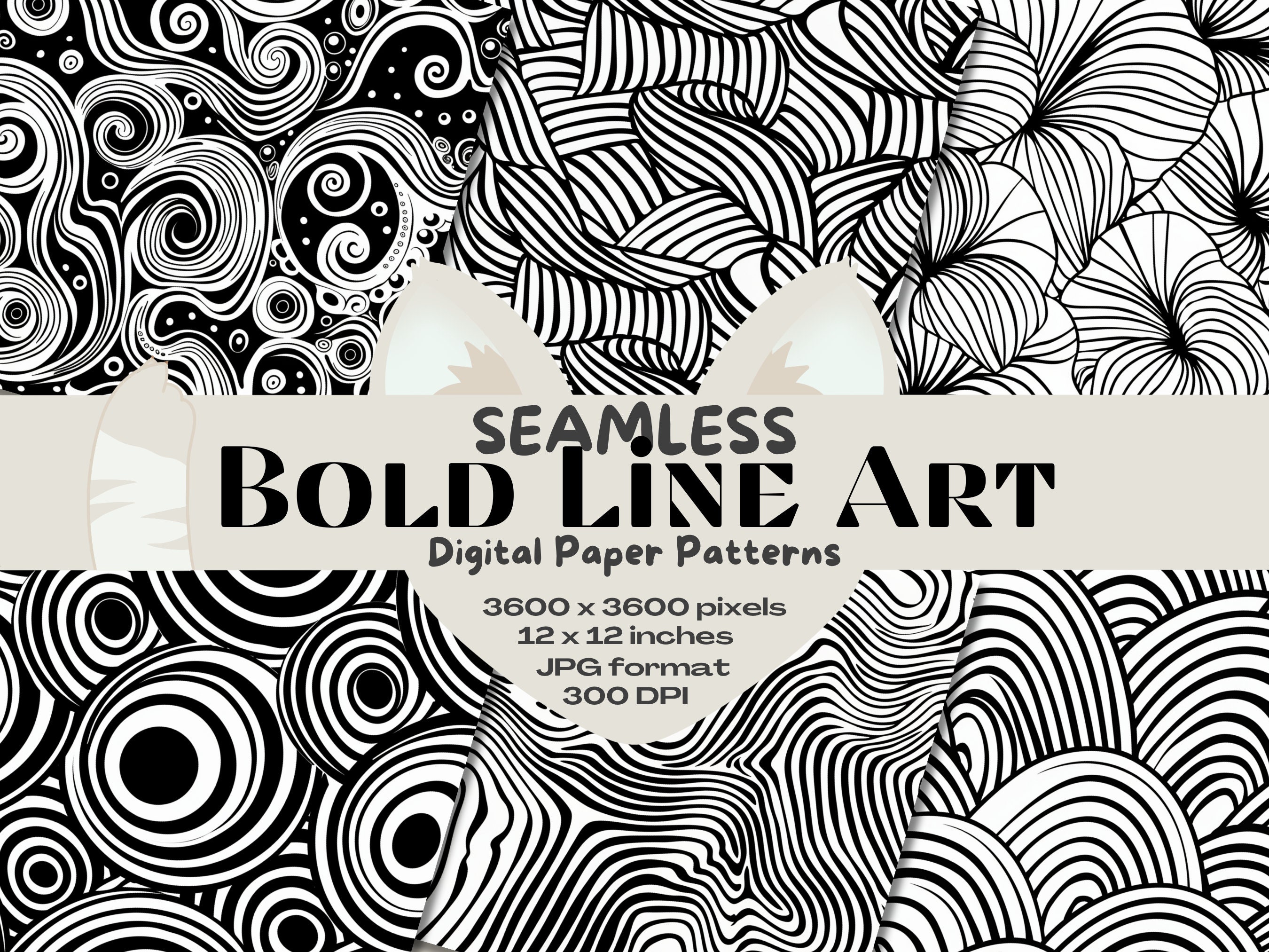 Black Bold Line Art Digital Seamless Paper Pattern Pack - Etsy