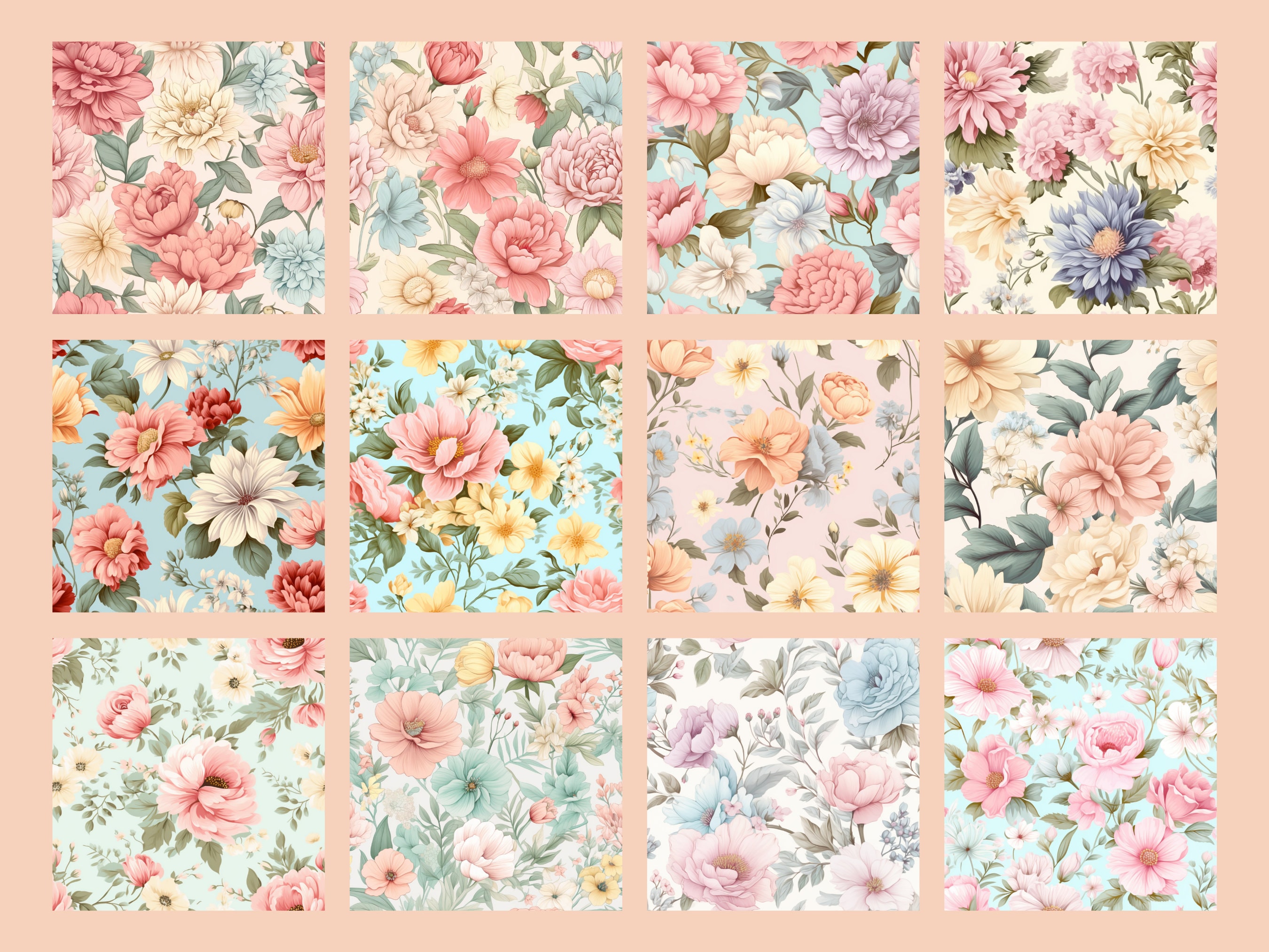 Soft Pastel Vintage Floral Flowers Digital Seamless Paper Pattern Pack ...