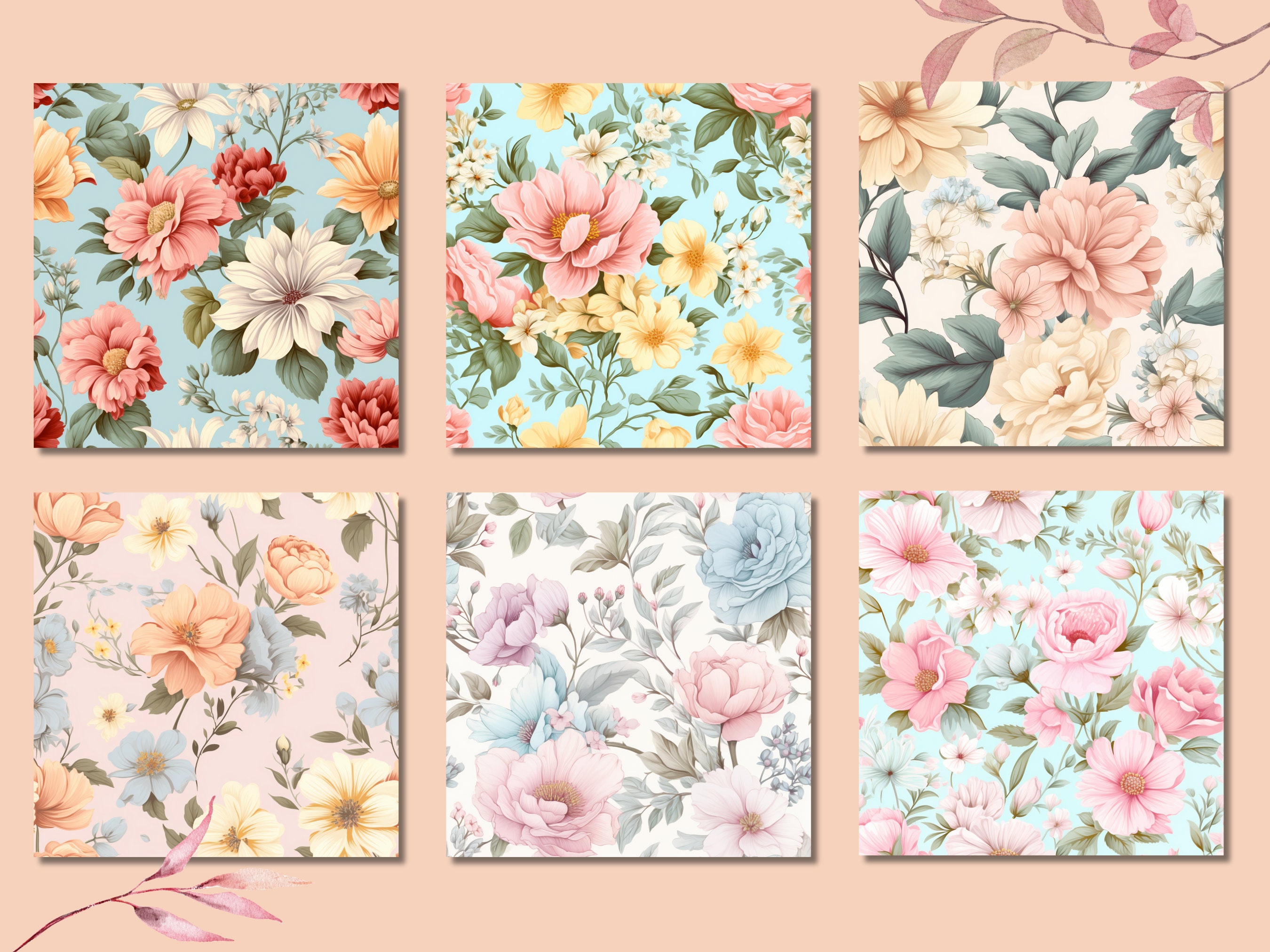 Soft Pastel Vintage Floral Flowers Digital Seamless Paper Pattern Pack ...