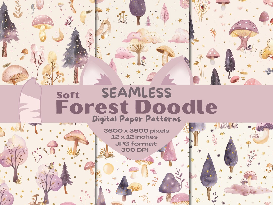 Soft Magical Doodle Forest Digital Seamless Paper Pattern Pack - Etsy