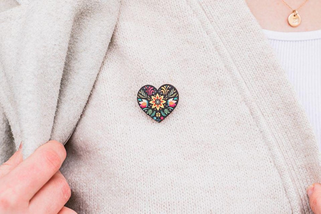 Folk Heart Wooden Brooch – Black Heart Pin – Handcrafted Jewelry ...