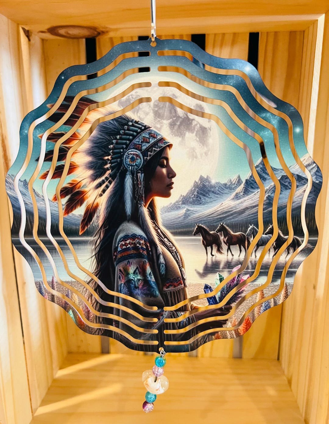 Native American Woman Wind Spinner: Horses, Crystals, Garden Decor - Etsy