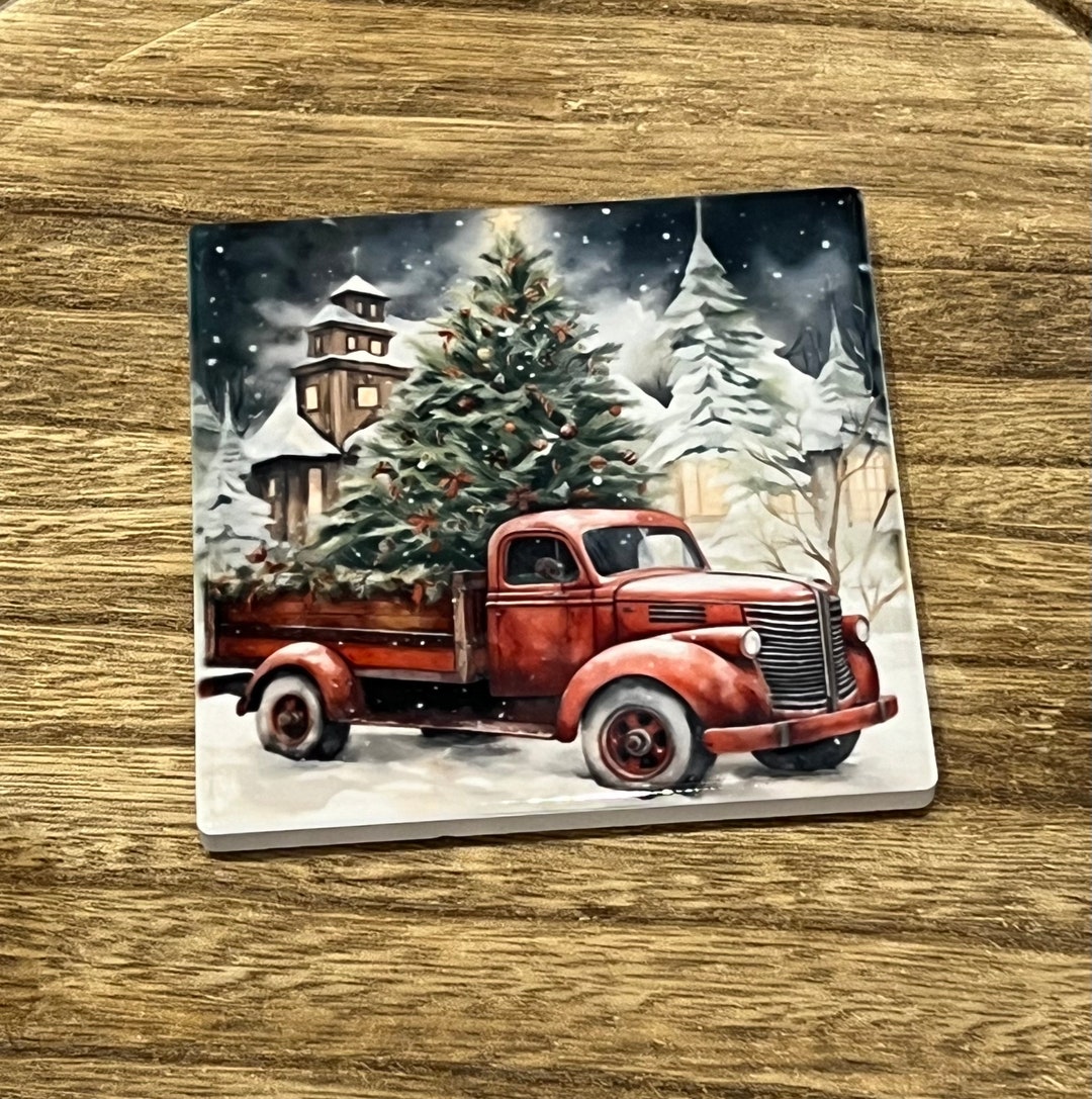 Red Truck Christmas Scene Coaster: Holiday Nostalgia Decor - Etsy