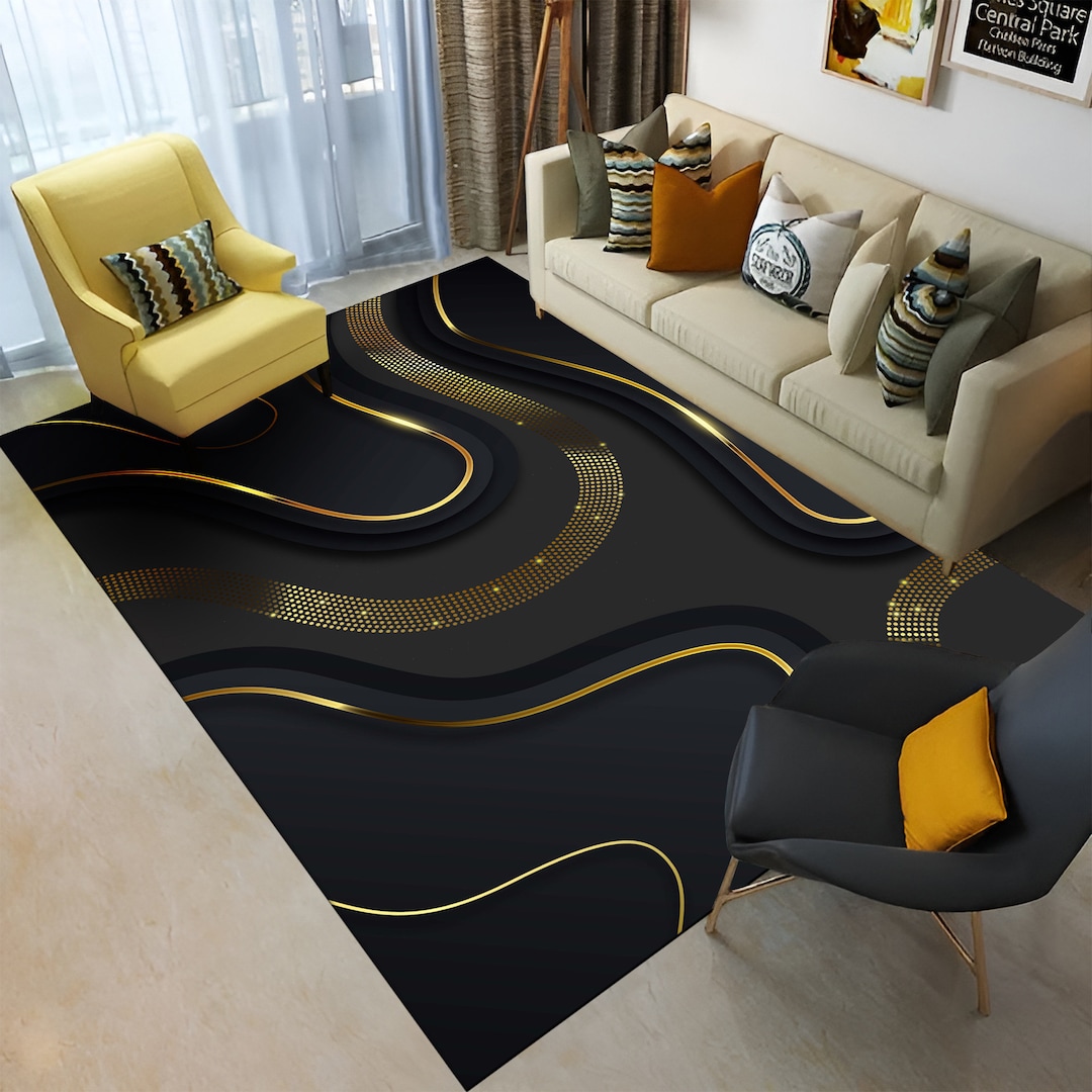 Golden Details Black Rug Gold Absrtract, Black Decor Rug, Gold Pattern ...
