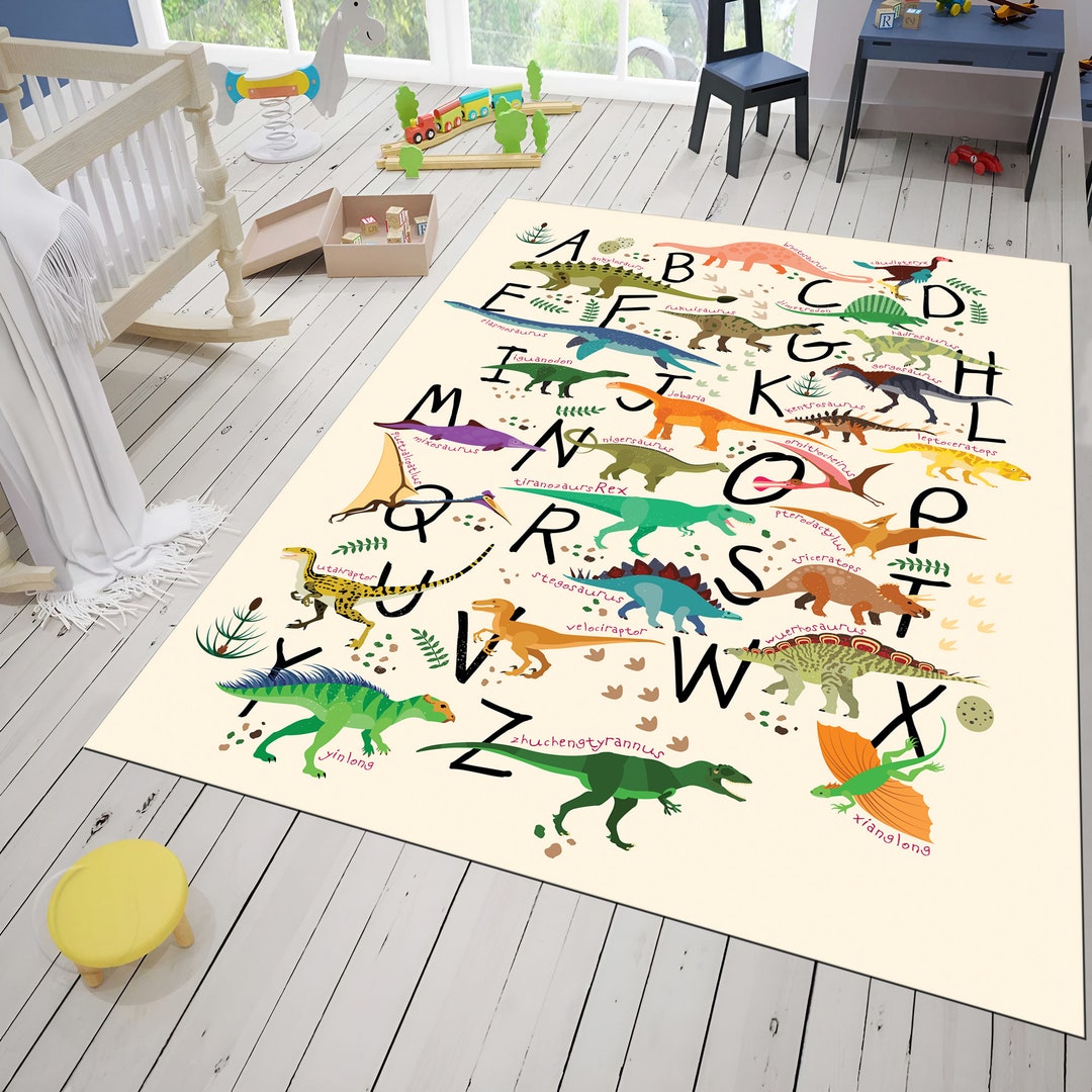 Cute Dinosaurs Rug, Alphabet Printed Kids Room Rug, Washable Animals ...