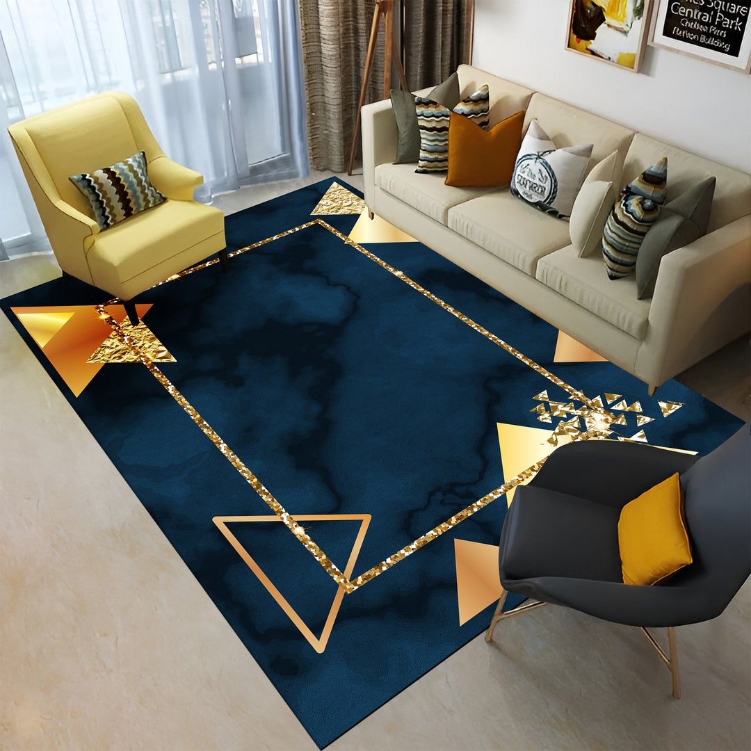 Blue Marble Rug, Gold Detail Rug, Marble Pattern Rug, Home Decor Rug ...