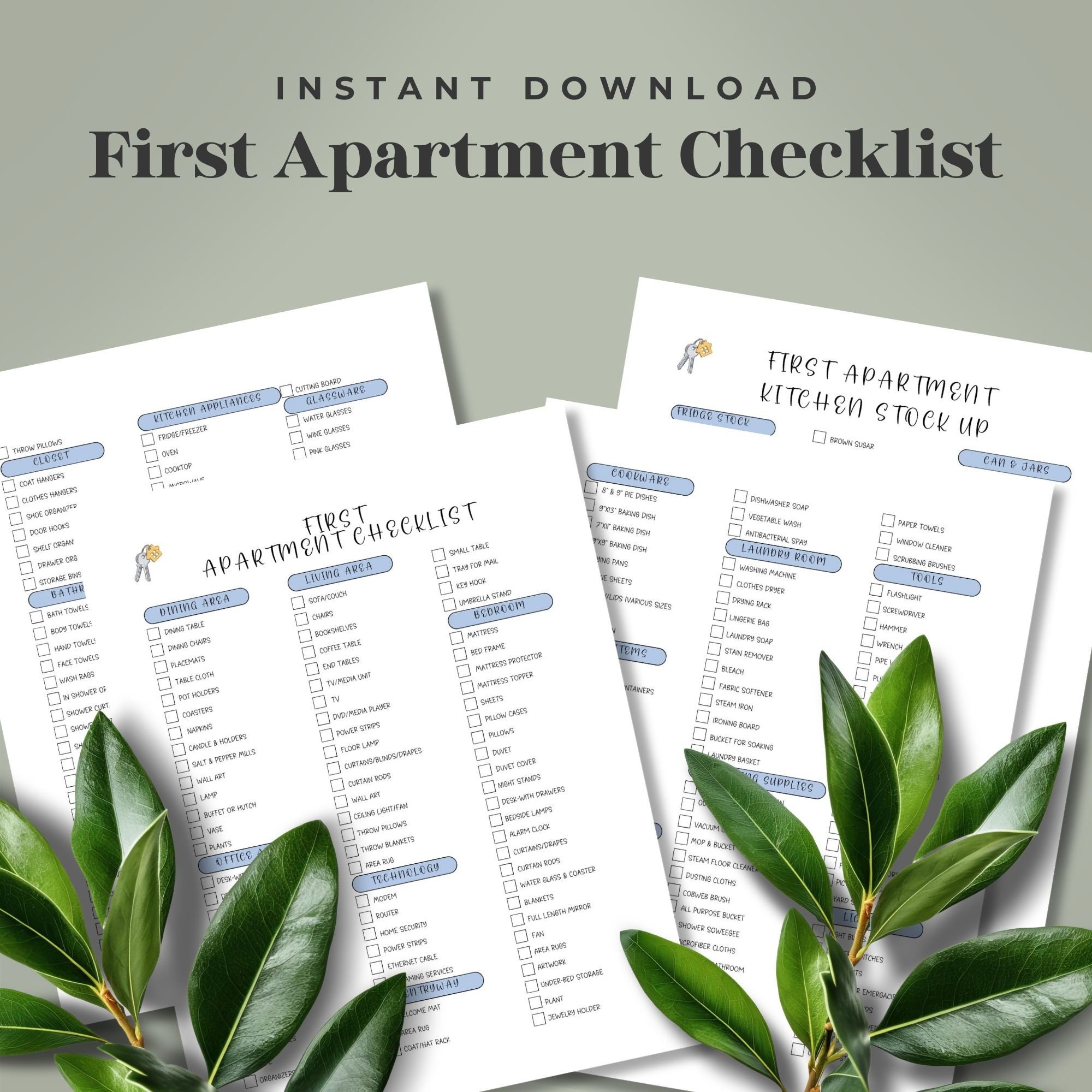 First Apartment Checklist Planner Printable, Room by Room List, New ...