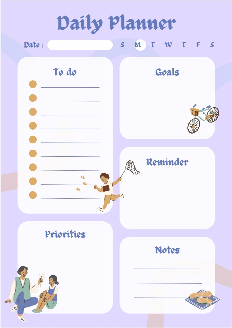 Simple Cute Picnic Multicolour Daily Planner, To-do List Editable ...