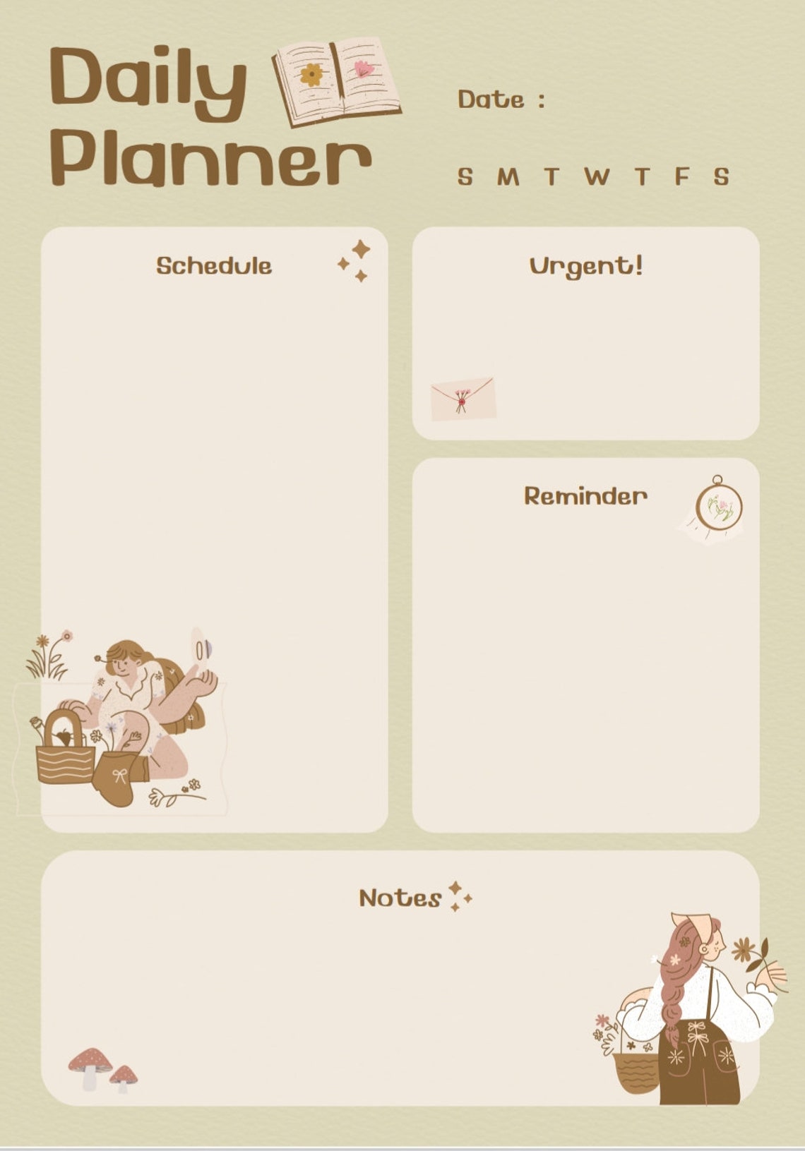 Beige Brown Texture Cute Cottagecore Daily Planner A4, Editable Undated ...