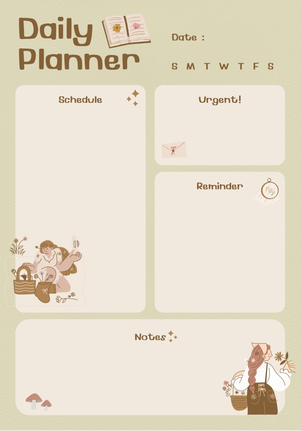 Beige Brown Texture Cute Cottagecore Daily Planner A4, Editable Undated ...