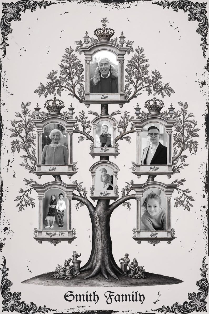Bespoke Illustrated Family Tree Portrait With Photographs Royal Style ...