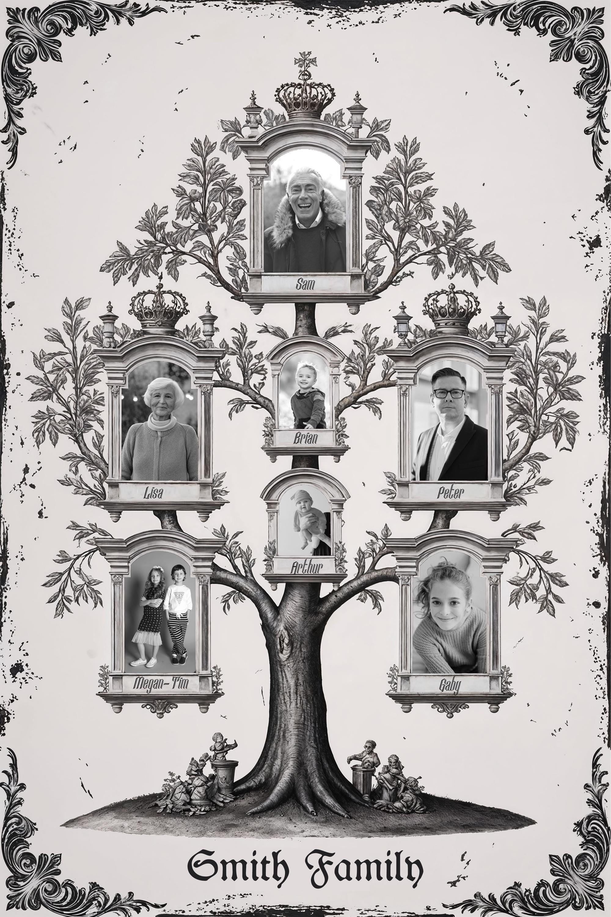 Bespoke Illustrated Family Tree Portrait With Photographs Royal Style ...