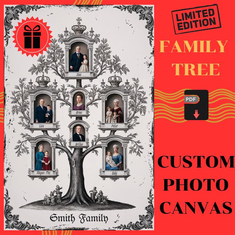 Bespoke Illustrated Family Tree Portrait With Photographs Royal Style ...