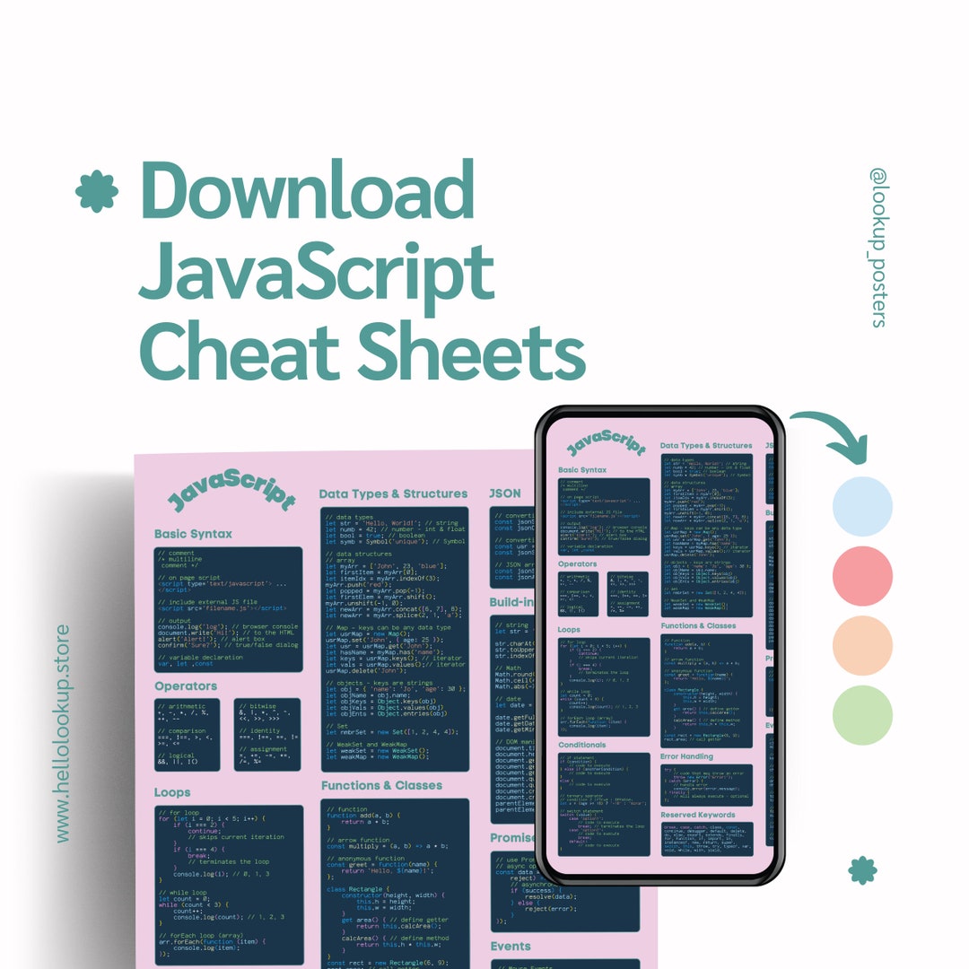 Pink Javascript Programming Cheat Sheet Poster - Blue Background Decorative Javascript Wall Art ...