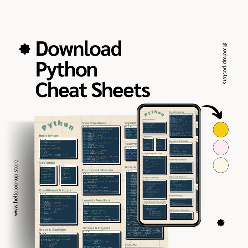 Beige Python Programming Classroom Cheat Sheet Poster - Blue Background Python Wall Art for ...