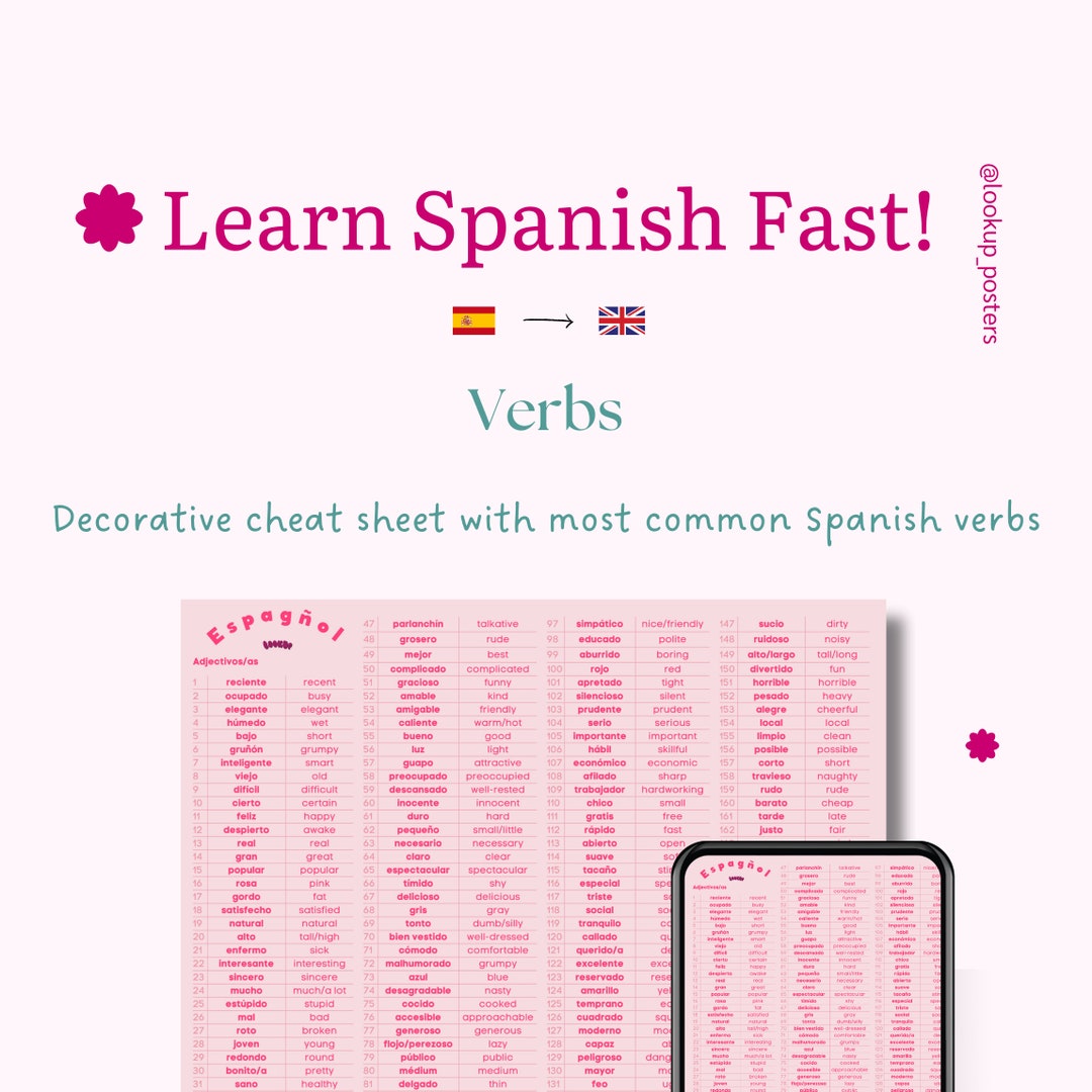 Pink Spanish Cheat Sheet Poster - Most Common Spanish Verbs - Instant ...