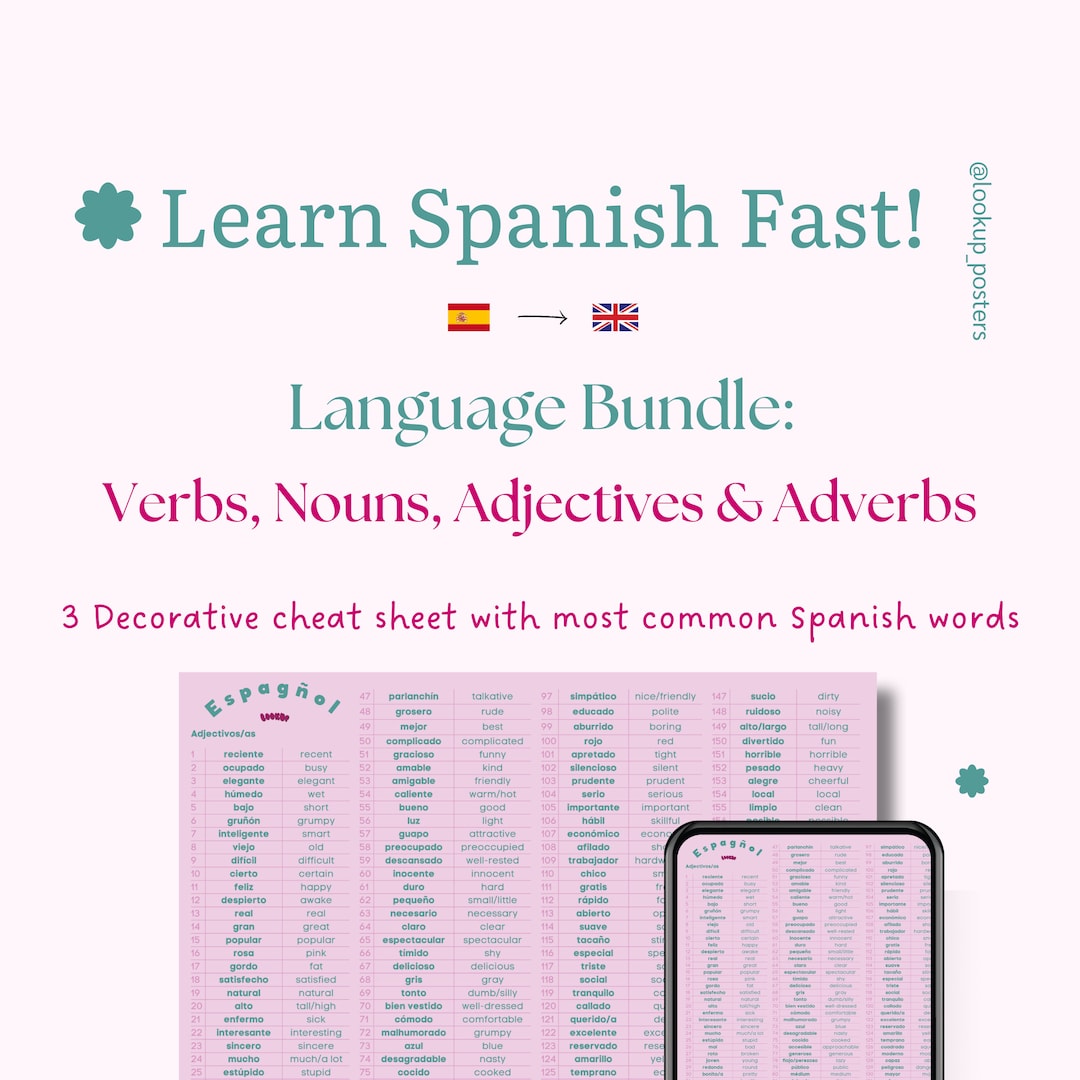 Pink Turquoise Spanish Cheat Sheet Poster Bundle - Most Common Spanish ...