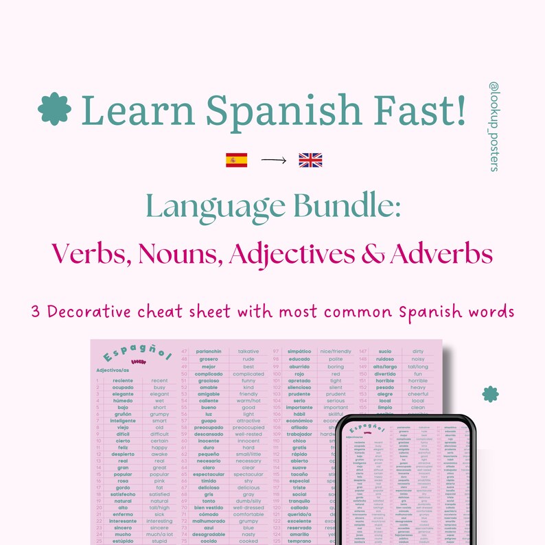 Pink Turquoise Spanish Cheat Sheet Poster Bundle Most Common Spanish ...