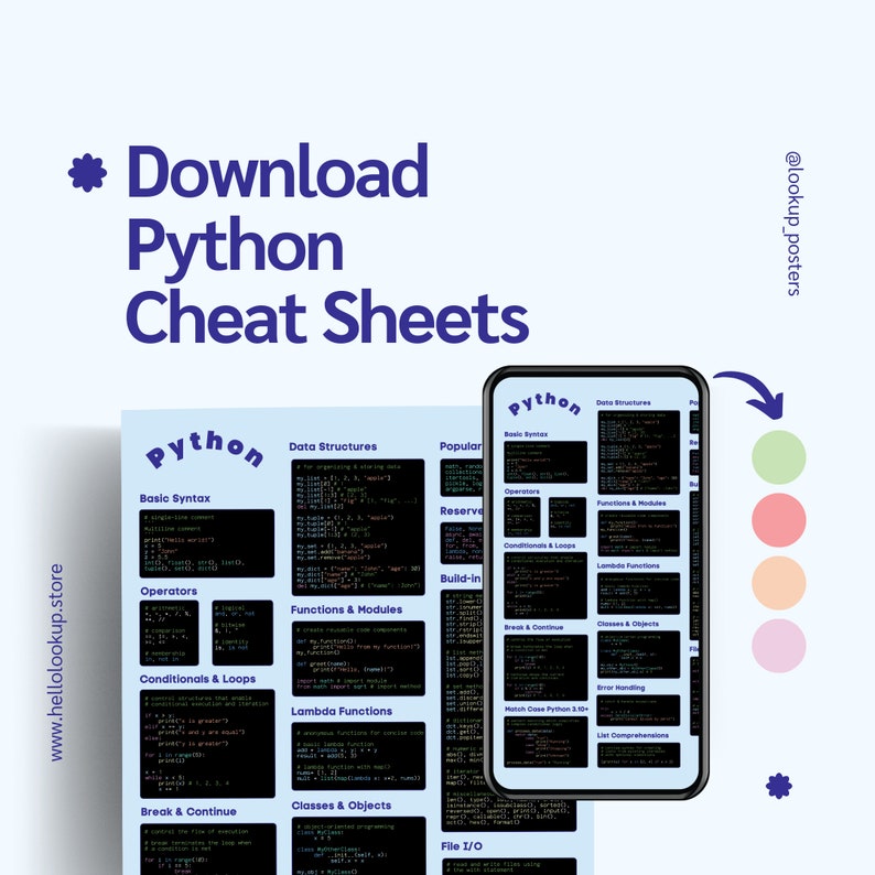 Blue Python Programming Cheat Sheet Poster Stylish Python Wall Art For Coding Enthusiasts