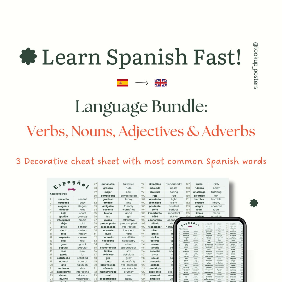 Mint Green Spanish Cheat Sheet Poster Bundle - Most Common Spanish ...