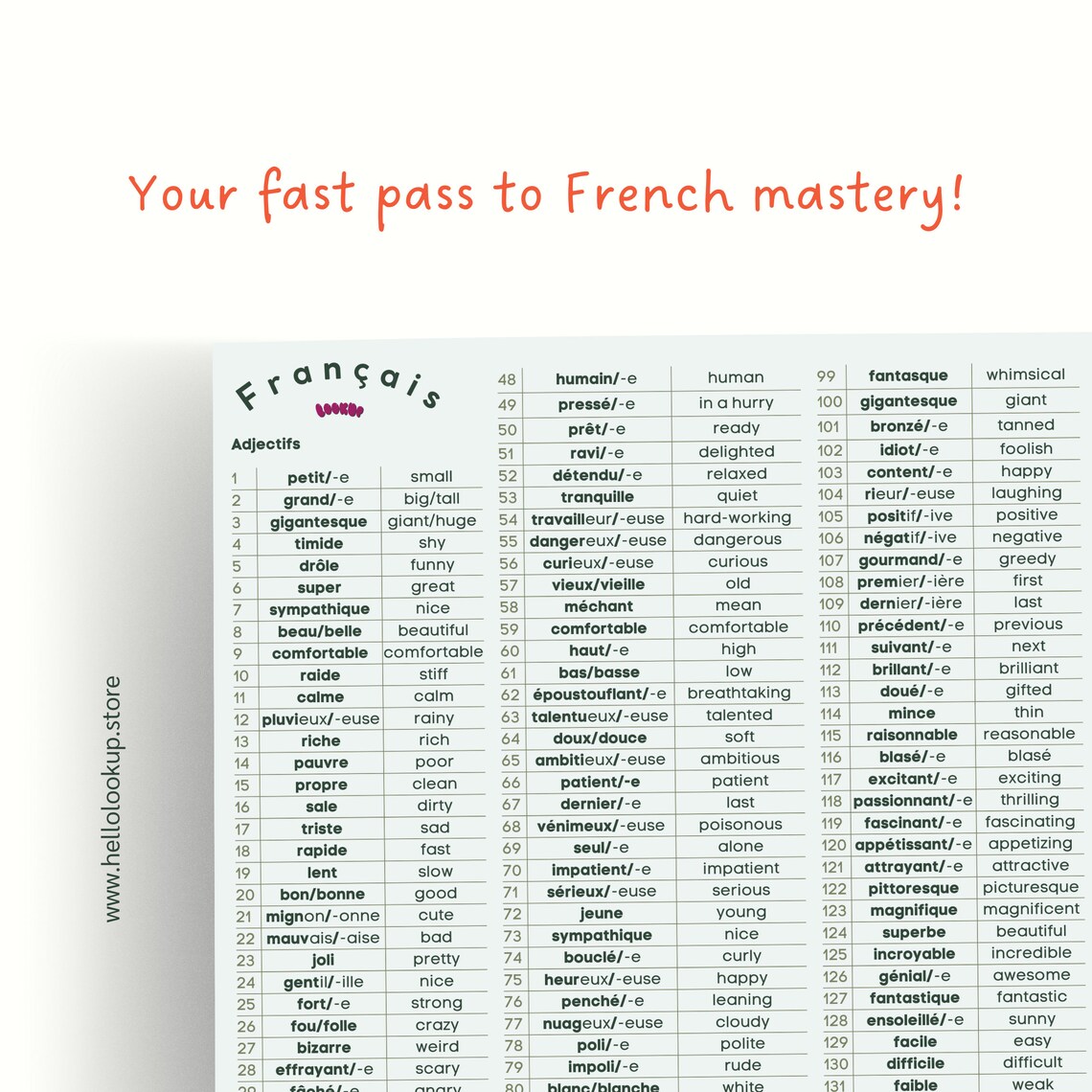 Mint Green French Cheat Sheet Poster - Most Common French Adjectives ...