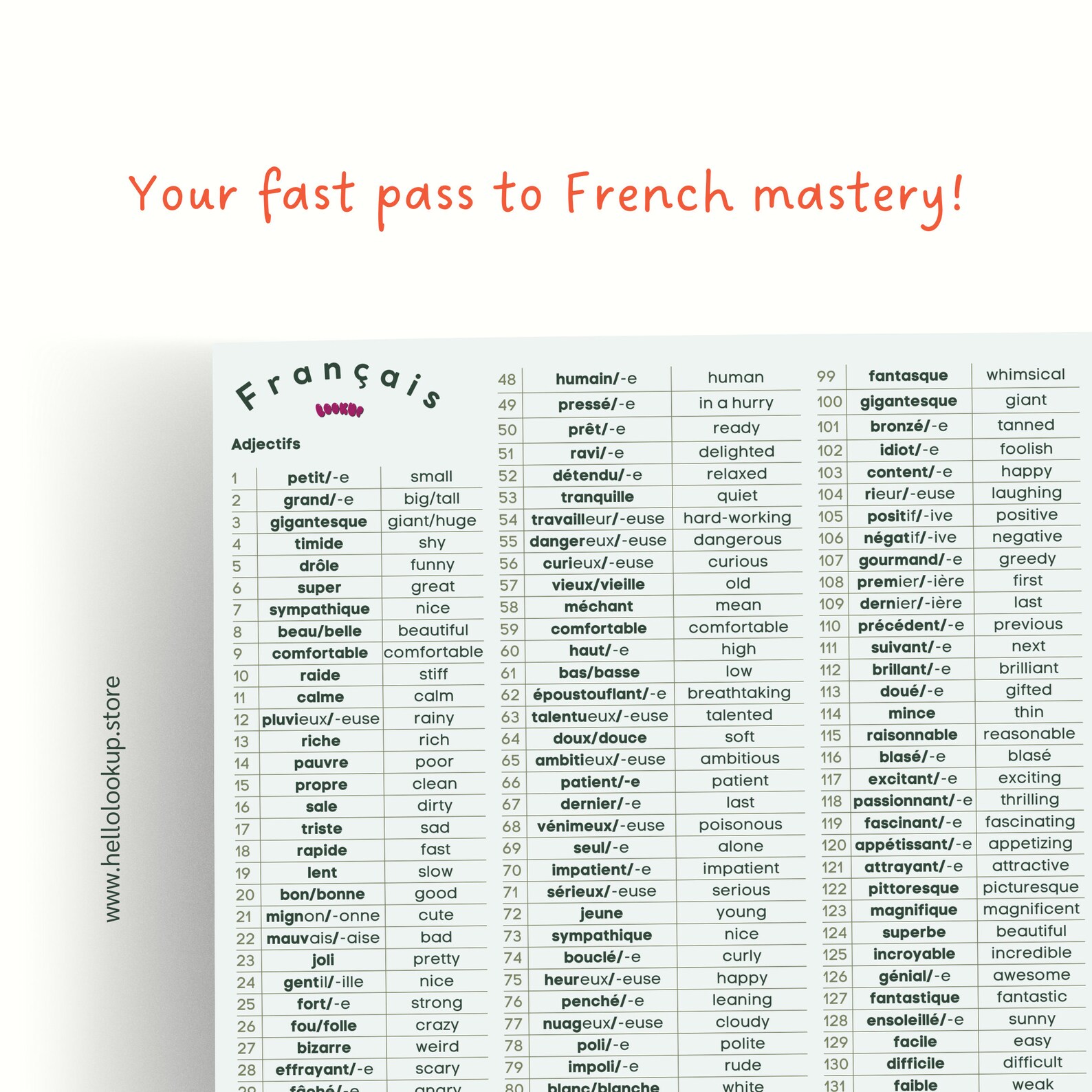 Mint Green French Cheat Sheet Poster - Most Common French Adjectives ...