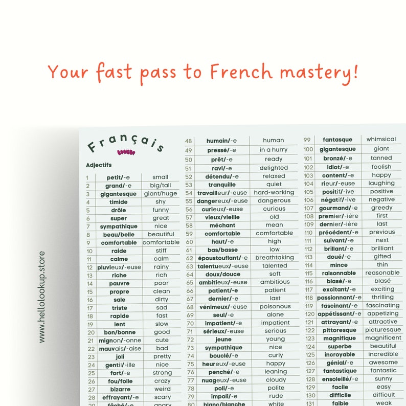 Mint Green French Cheat Sheet Poster Most Common French Adjectives ...