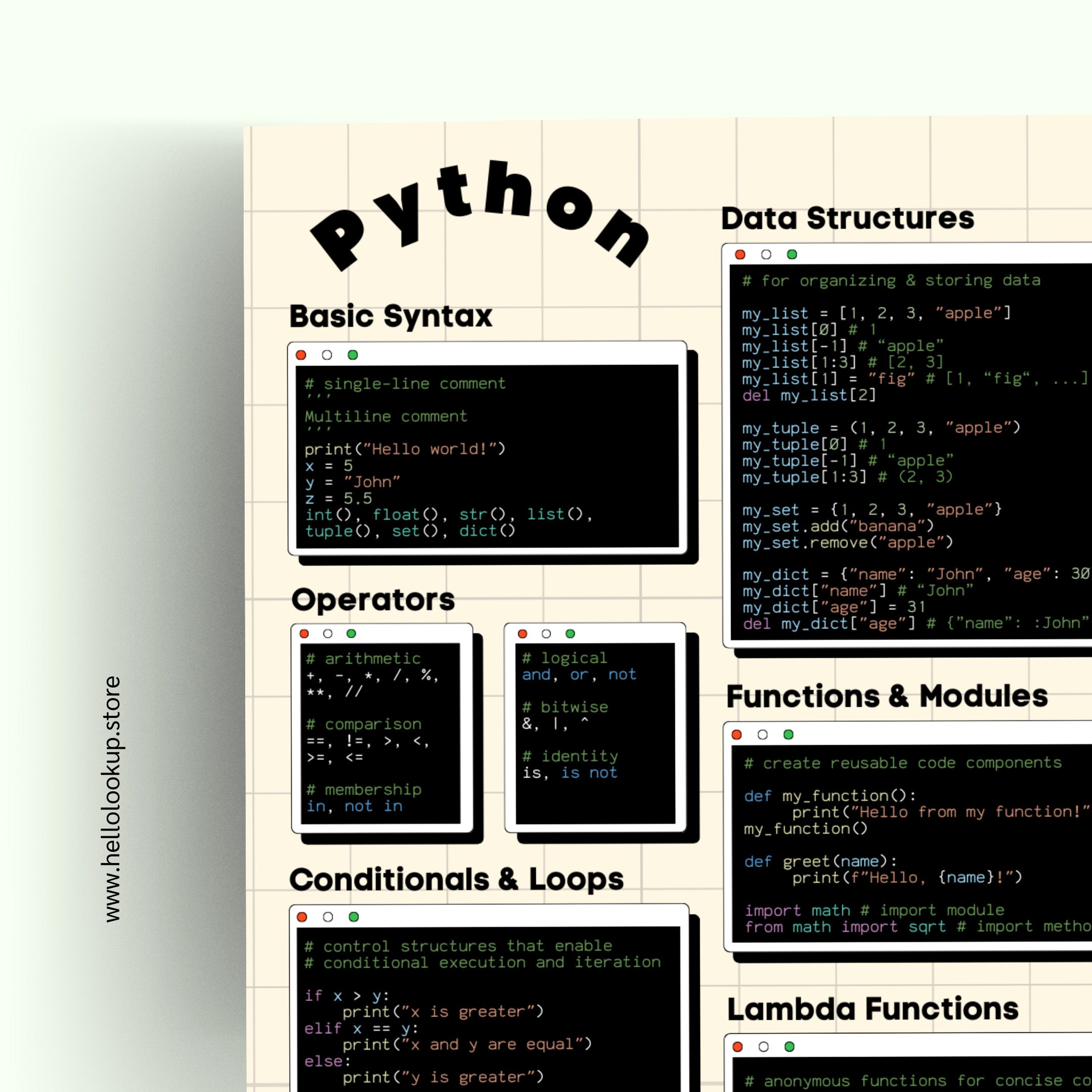 Off White Python Classroom Poster Stylish Python Programming Cheat Sheet Wall Decoration Wall