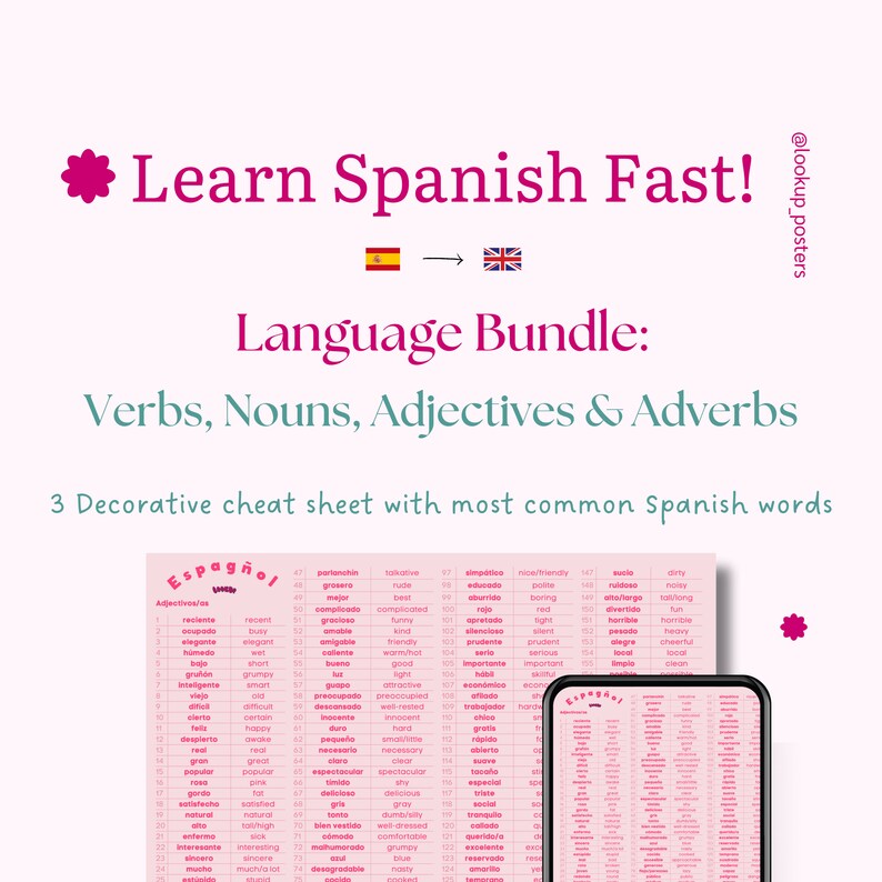 Pink Spanish Cheat Sheet Poster Bundle Most Common Spanish Verbs, Nouns ...