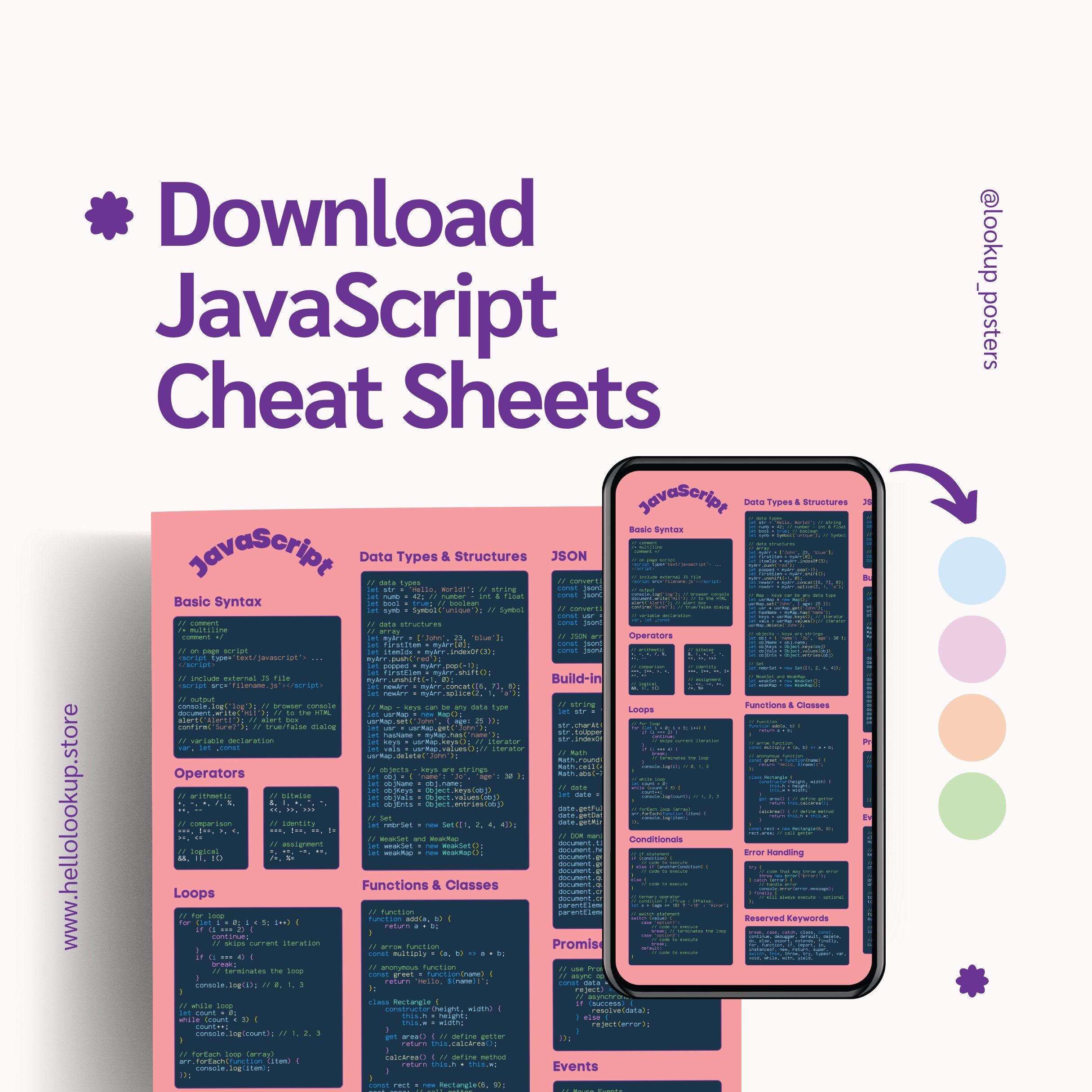 Peach Javascript Programming Cheat Sheet Poster - Blue Background Decorative Javascript Wall Art ...