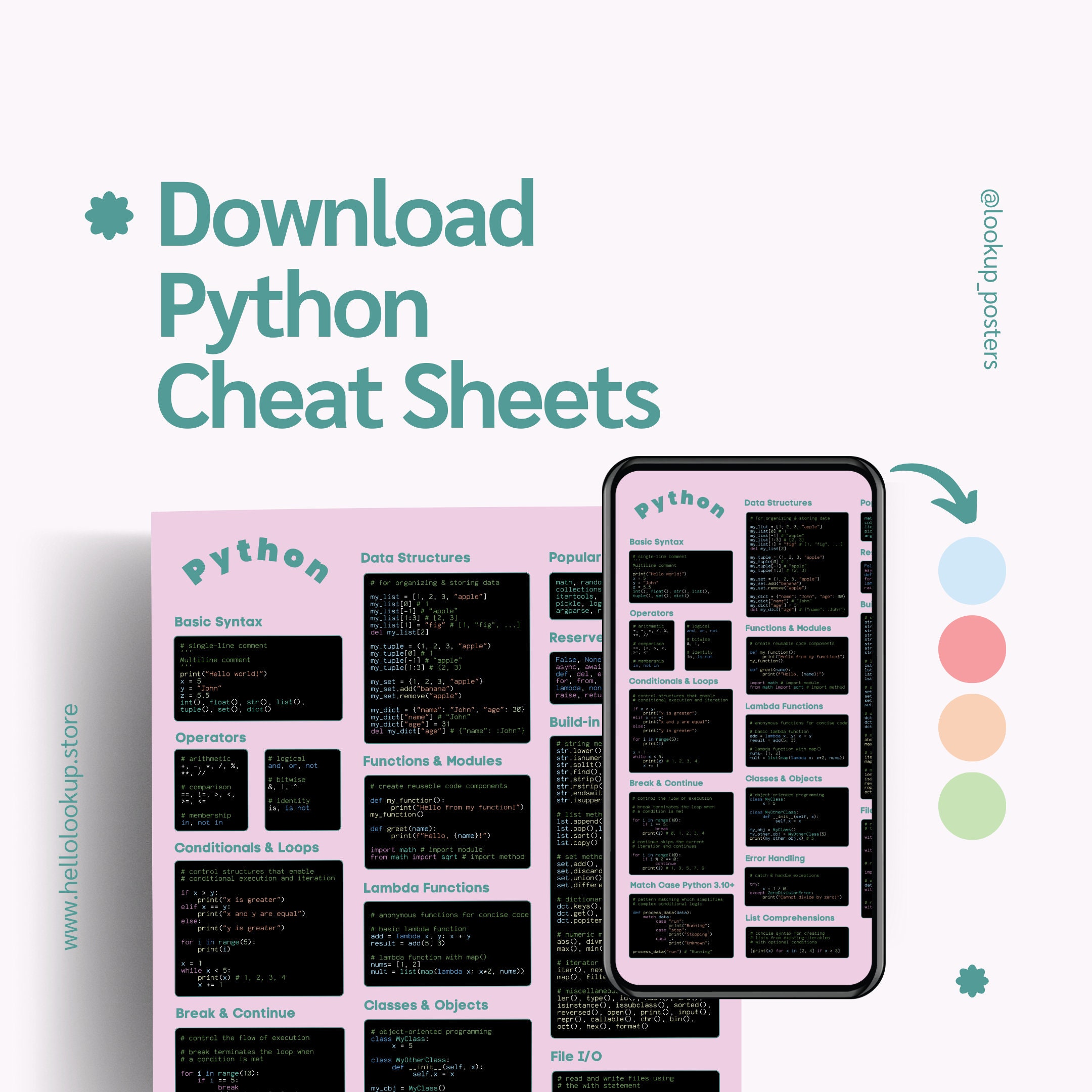 Pink Python Programming Cheat Sheet Poster - Stylish Python Wall Art ...