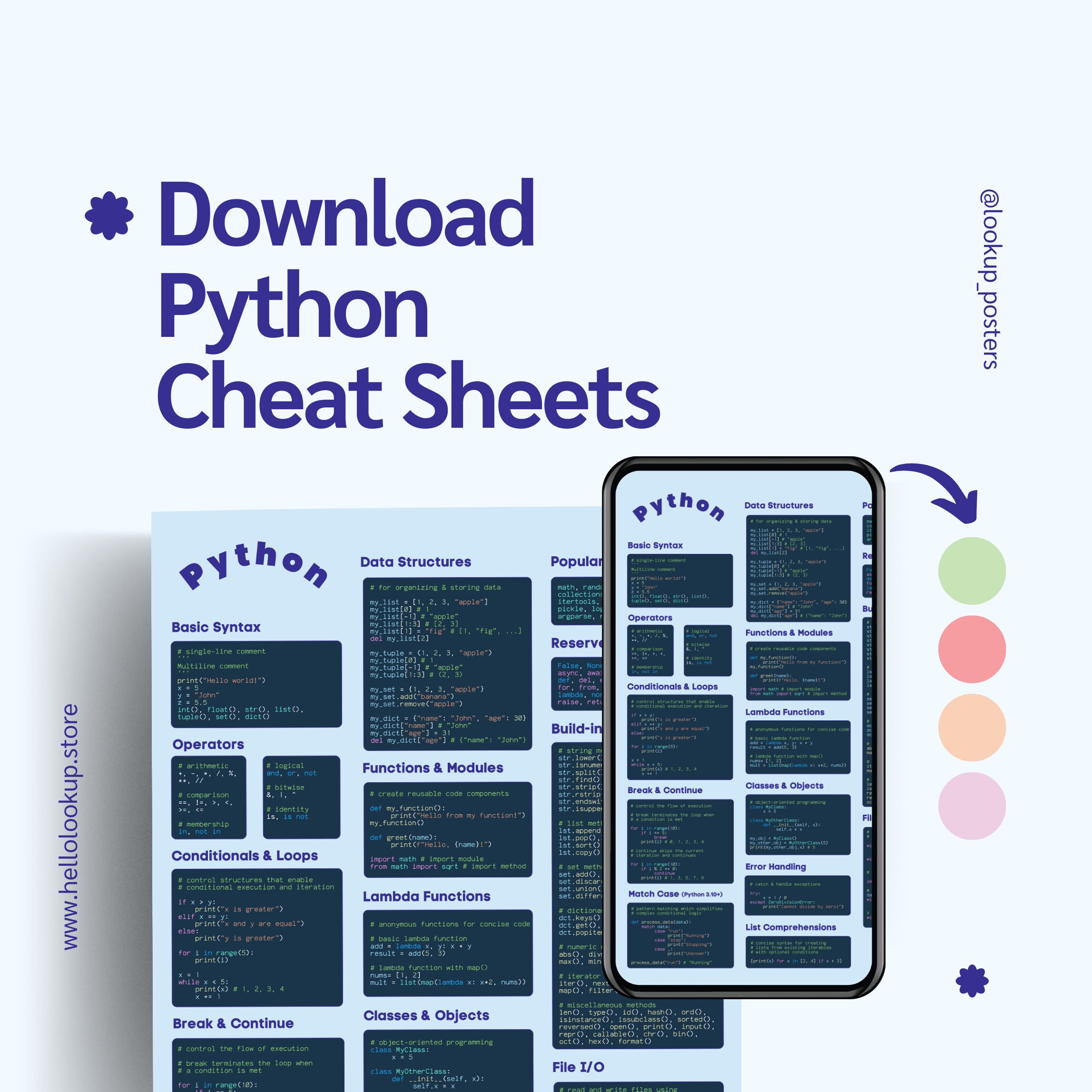 Blue Python Programming Cheat Sheet Poster Blue Background Decorative Python Wall Art for ...