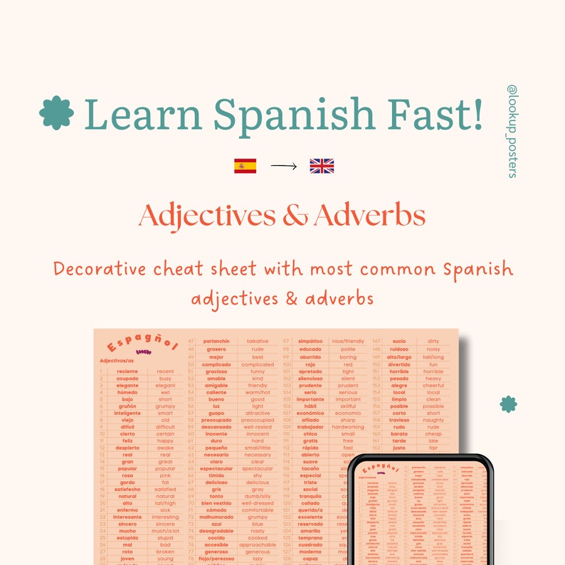 Orange Spanish Cheat Sheet Poster Most Common Spanish Adjectives ...