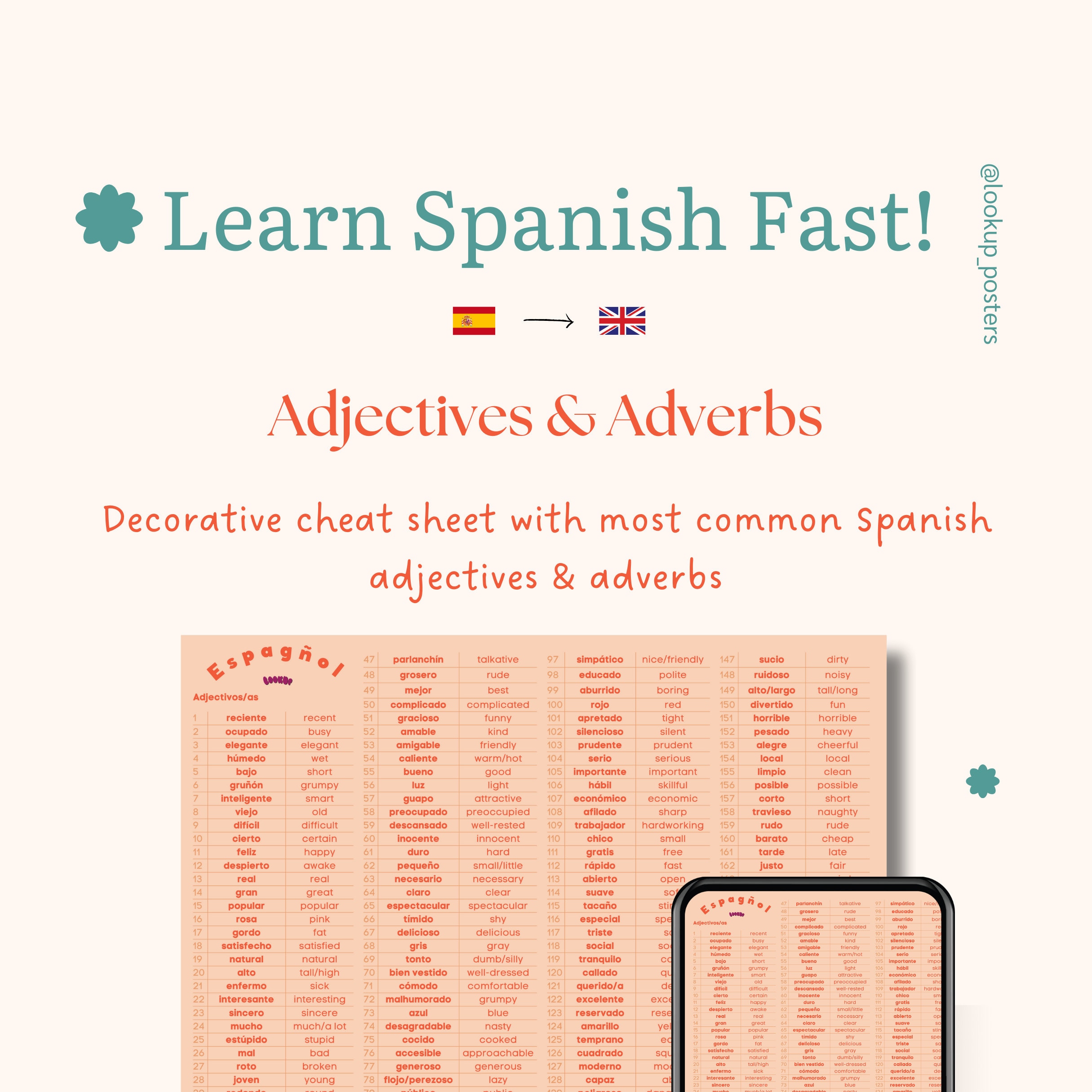 Orange Spanish Cheat Sheet Poster Most Common Spanish Adjectives ...