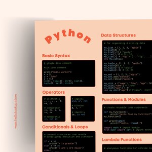 Orange Python Programming Cheat Sheet Poster Stylish Python Wall Art for Coding Enthusiasts ...
