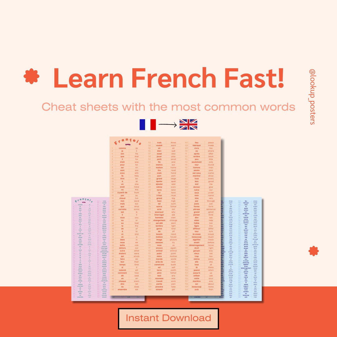 Orange French Cheat Sheet Poster Most Common French Words - Etsy