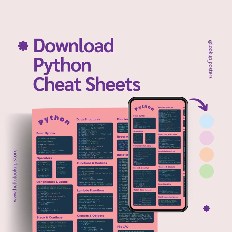 Peach Python Programming Cheat Sheet Poster Blue Background Decorative ...