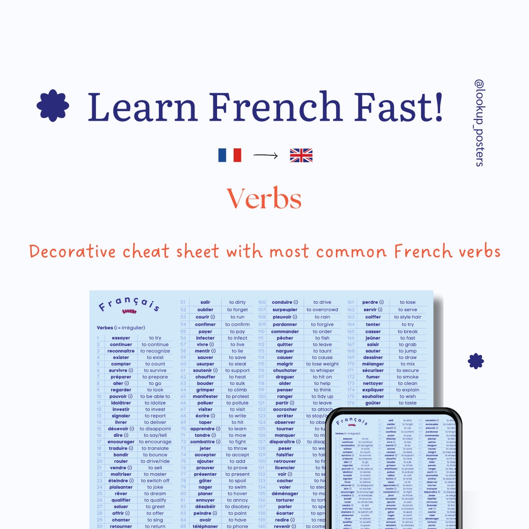 Blue French Cheat Sheet Poster - Most Common French Verbs - Instant ...